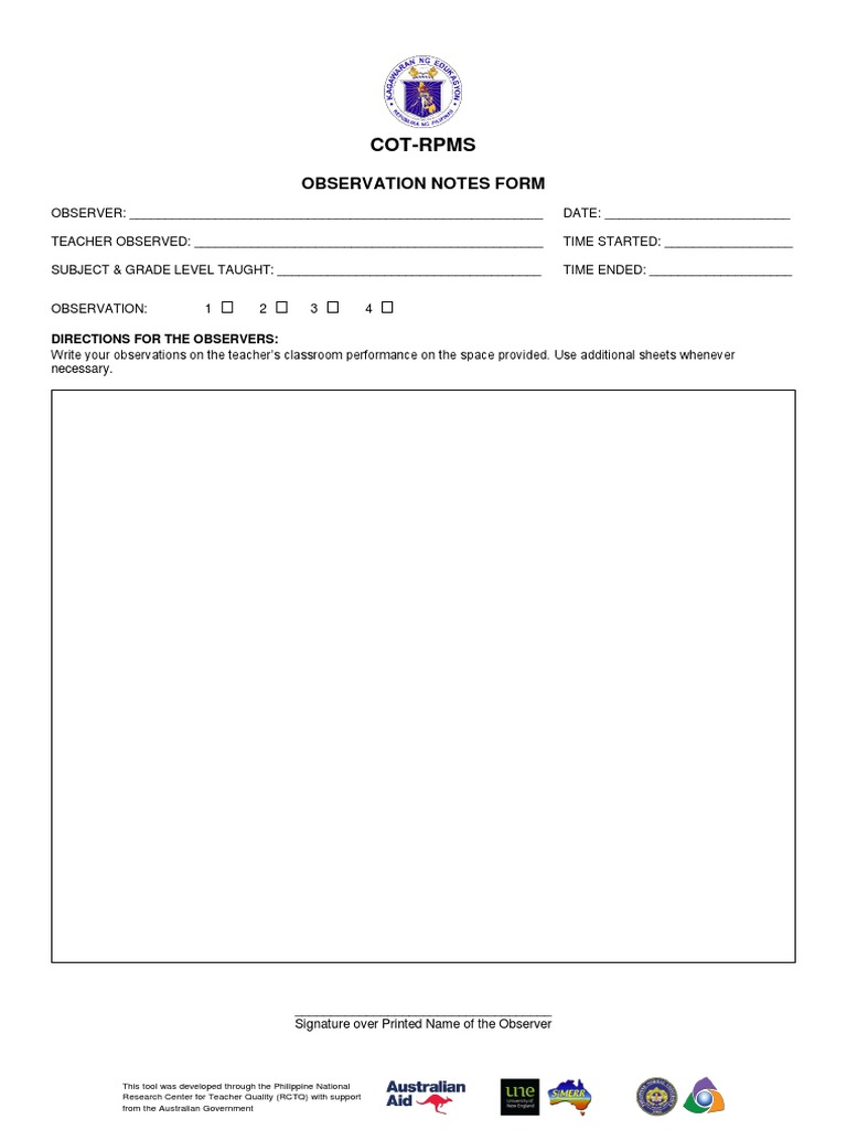 (Appendix C-08) COT-RPMS Observation Notes Form | PDF