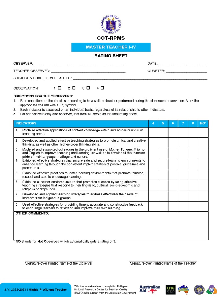 Master Teacher COT Rating Sheet 2023-2024 | PDF | Career & Growth ...