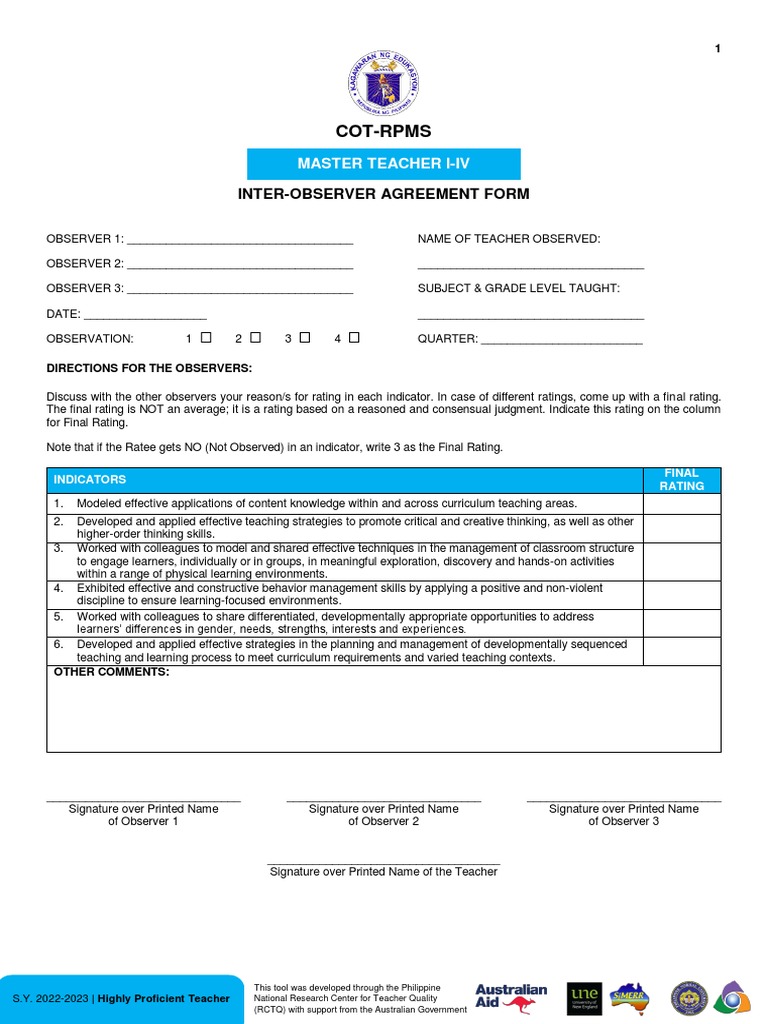 (Appendix C-12) COT-RPMS Inter-Observer Agreement Form For MT I-IV For ...