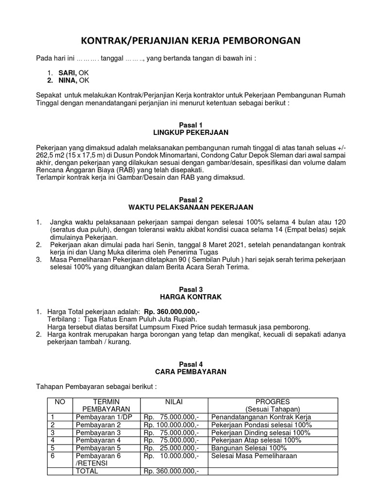 Contoh Draf Kontrak - Bangunan Rumah | PDF