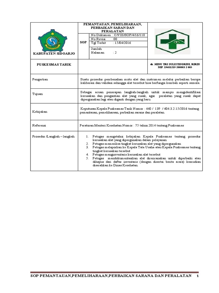 Sop Pemantauan, Pemeliharaan, Perbaikan Sarana Dan Peralatan Tarik Nana | PDF