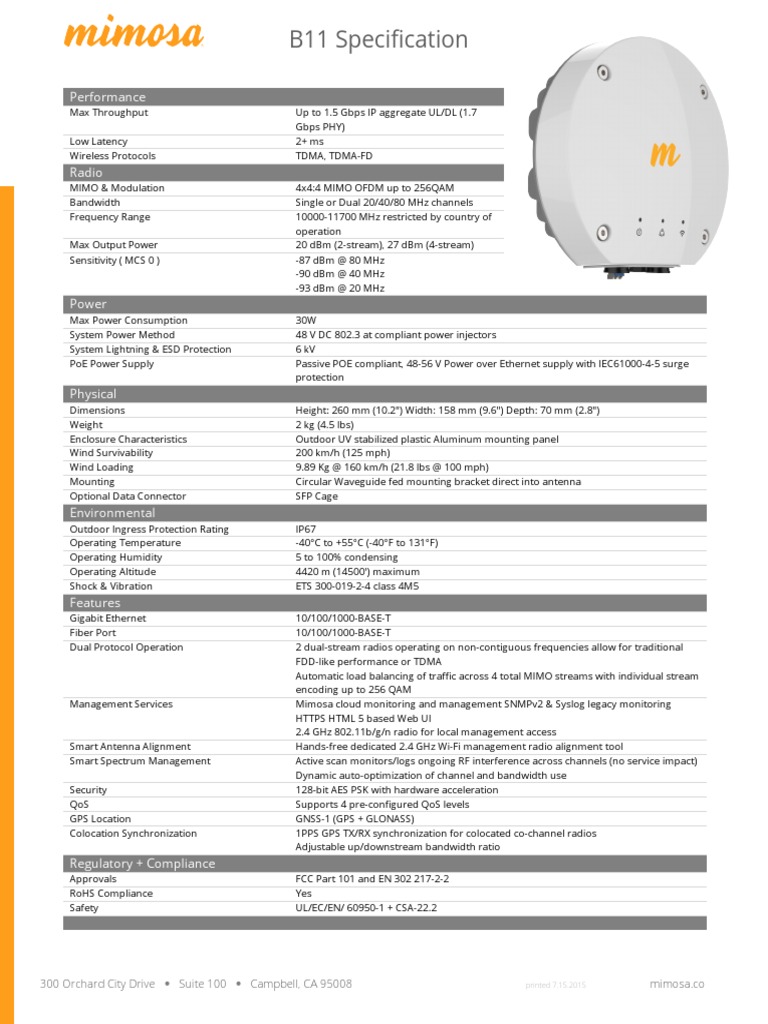 Mimosa Specification B11 | PDF | Radio | Telecommunications Engineering