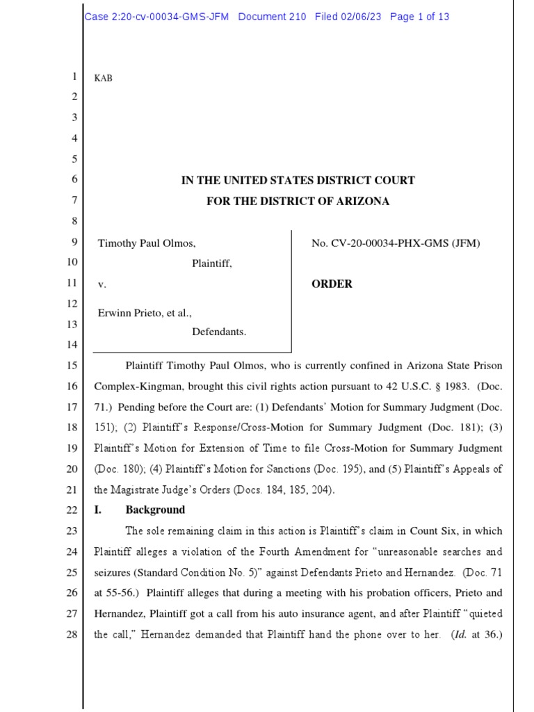 Motion For Summary Judgment Granted - Timothy Olmos v. State of Arizona | PDF | Probation ...