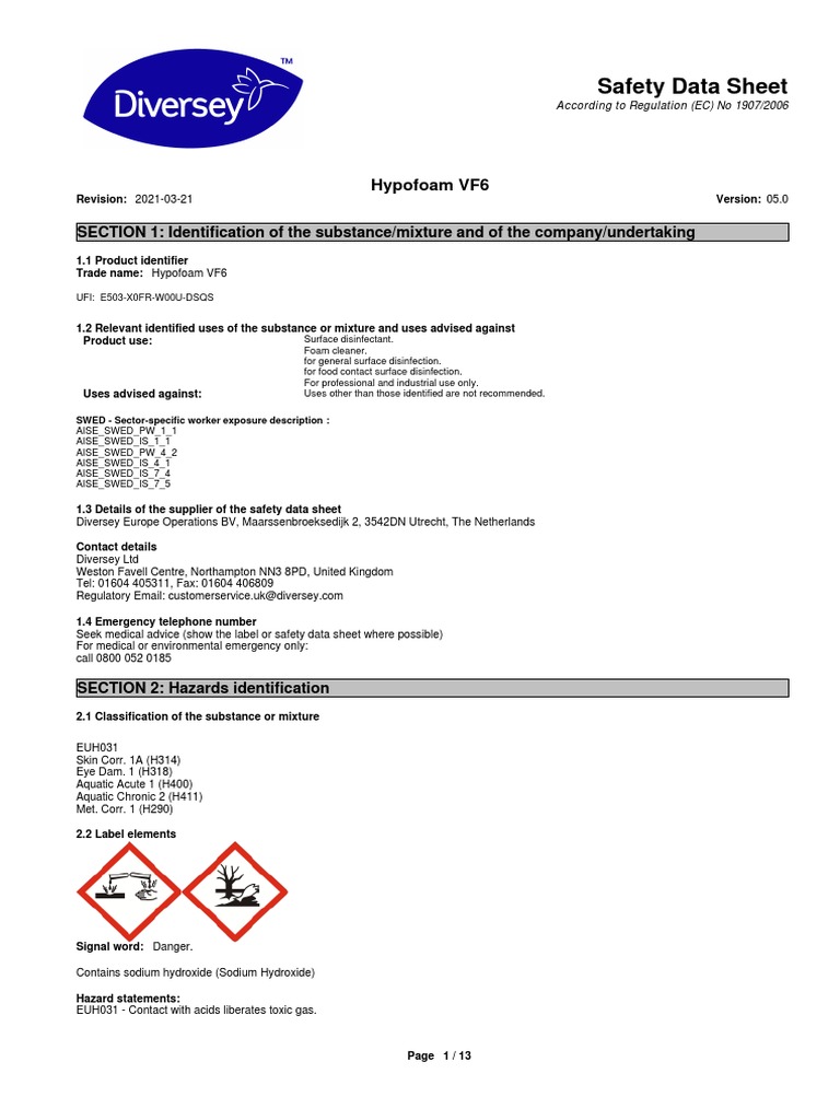 Hypofoam VF6 Safety Data Sheet | PDF | Toxicity | Personal Protective ...