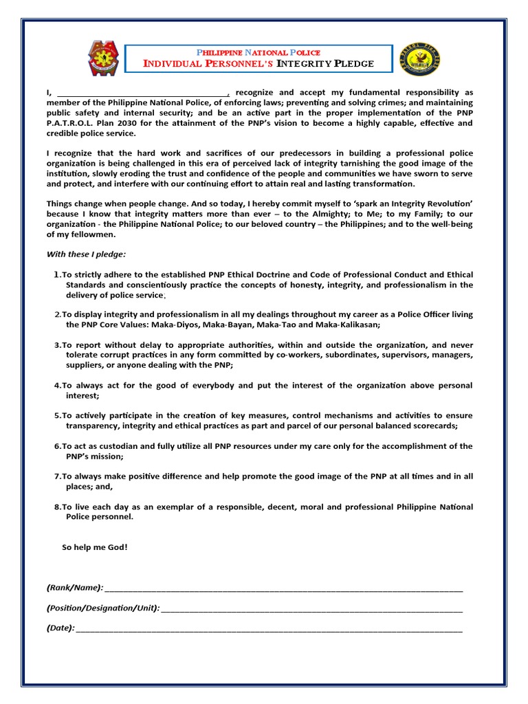 PNP Individual Integrity Pledge | PDF | Integrity | Police