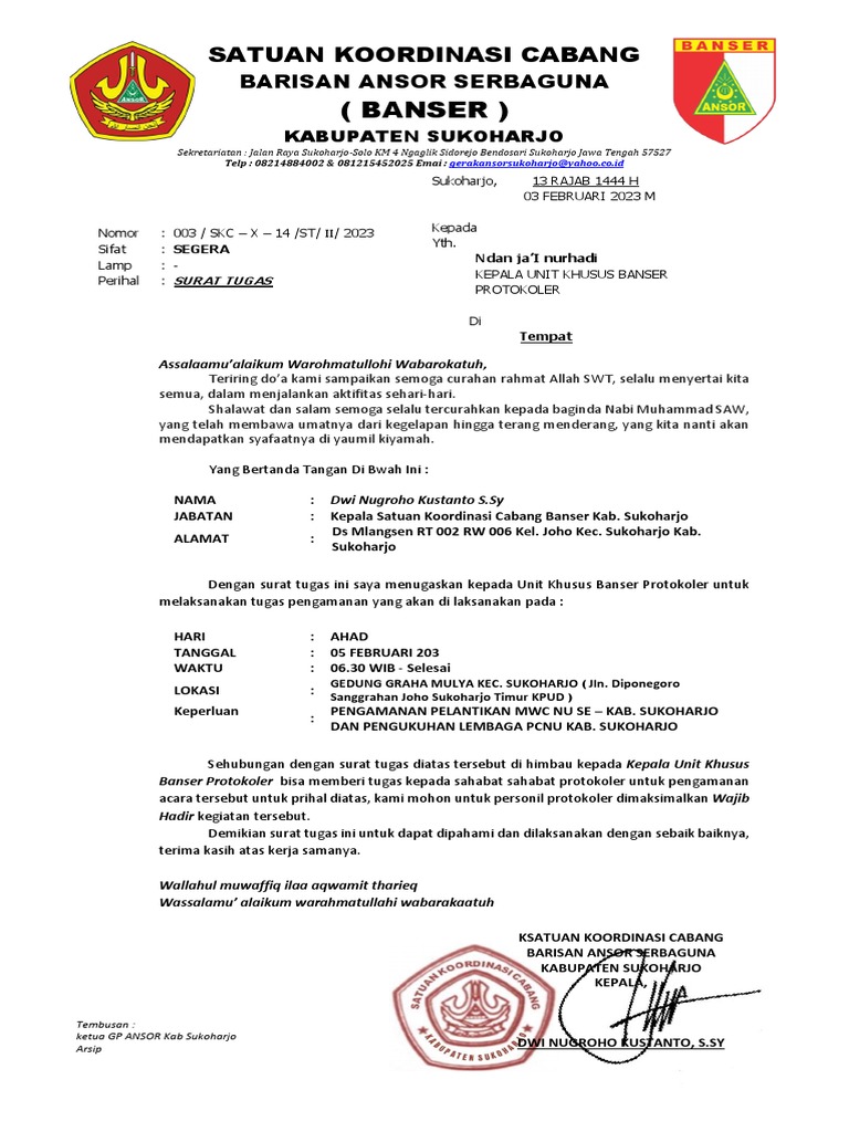 002 SURAT TUGAS UTK UNIT PROTOKOLER GIAT Pelantikan Dan Pengukuhan PCNU ...