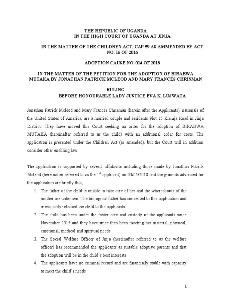 Adoption Ruling for Birabwa Mutaka | PDF | Adoption | Parent
