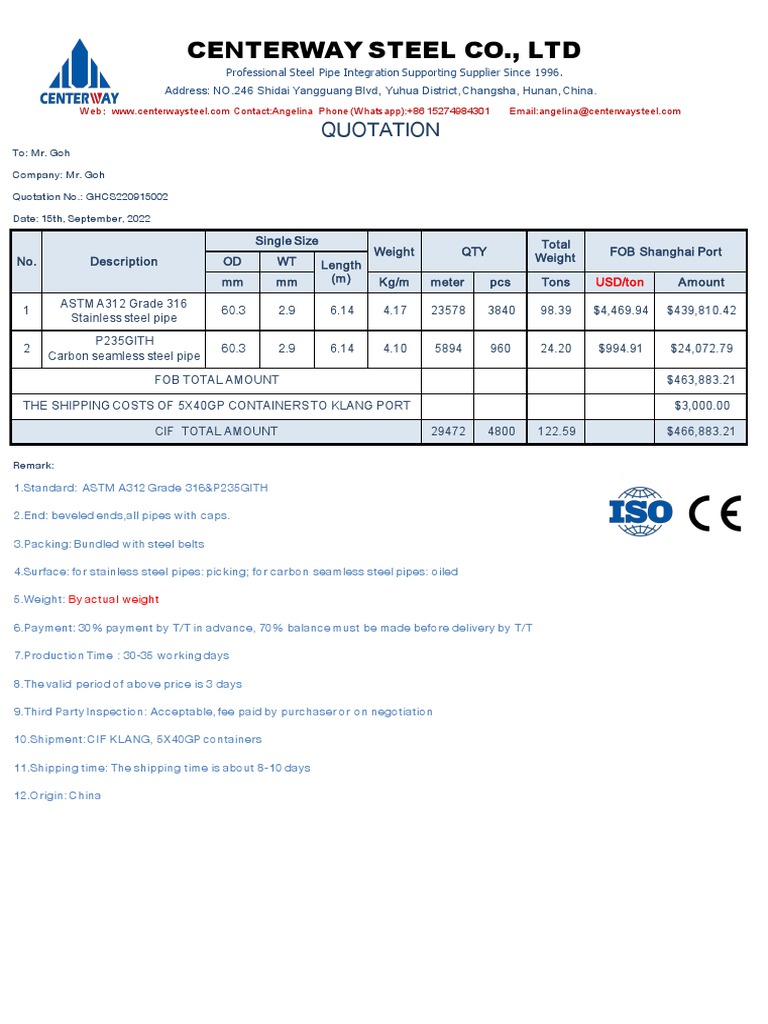 CTW Quotation No - GHCS220915002 | PDF