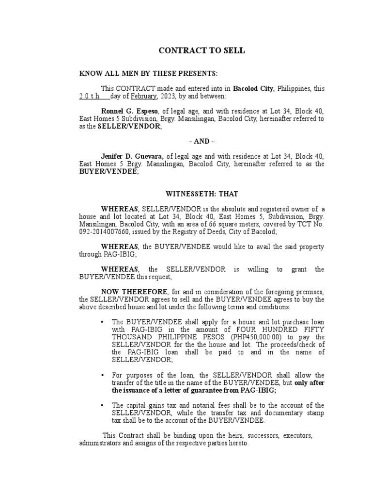 Contract To Sell Pag Ibig | PDF | Procurement | Civil Law (Common Law)