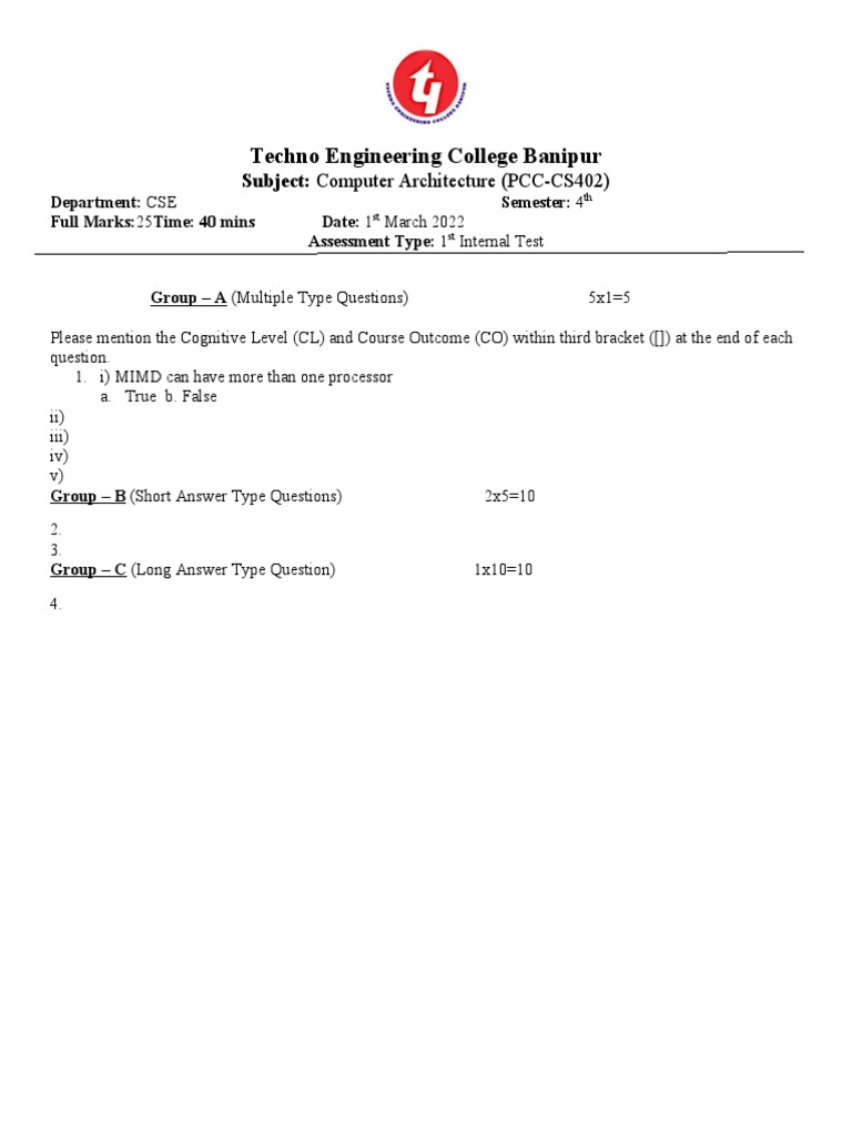 Computer Architecture Internal Test Questions | PDF
