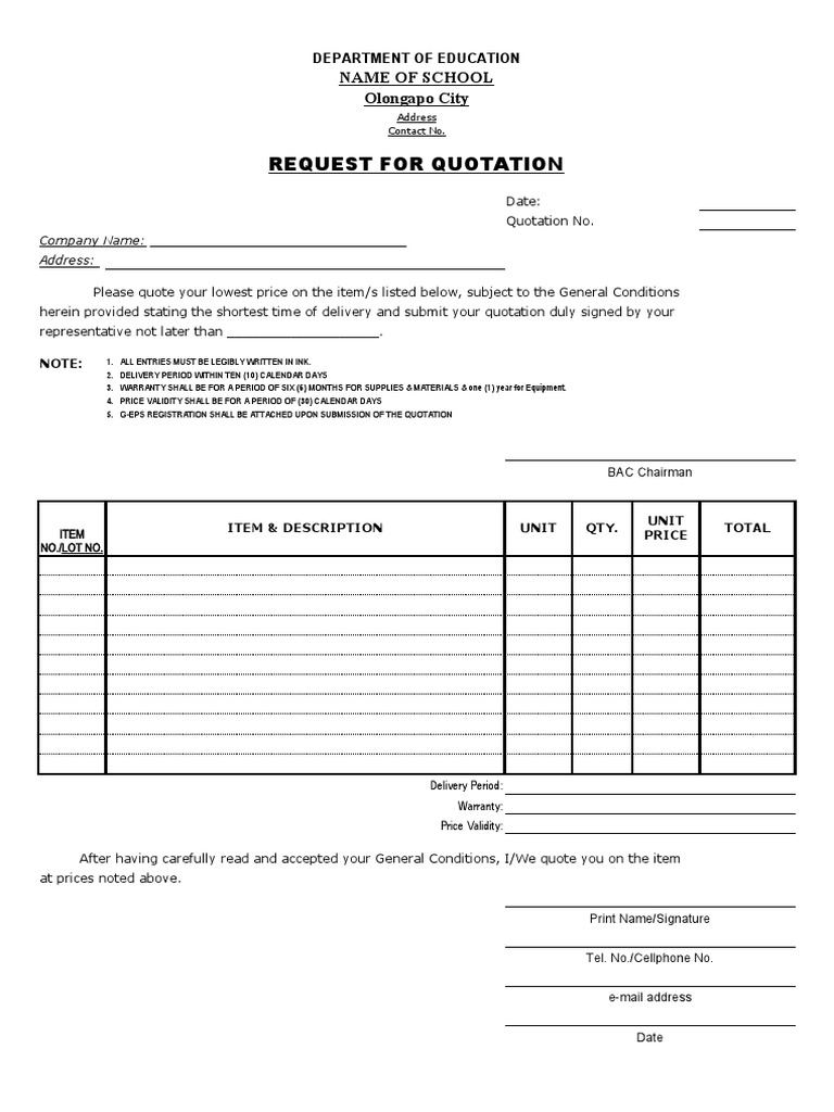 Request for Quotation for Supplies Needed for Teacher Training on K to ...