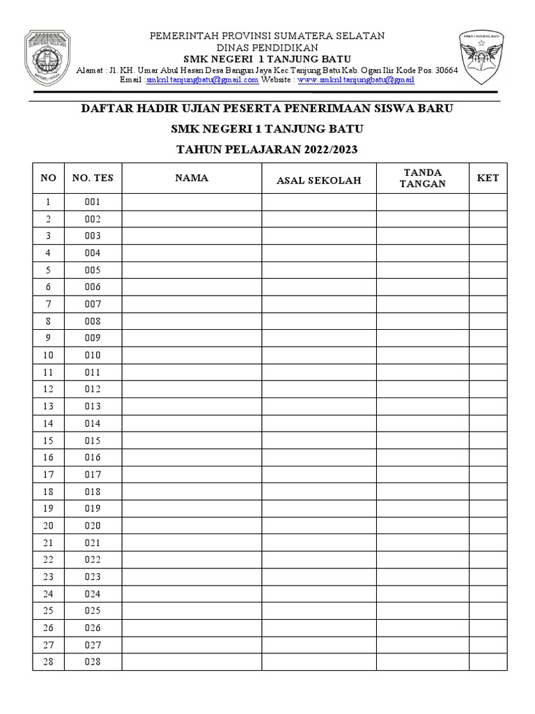 Daftar Hadir Penerimaan Siswa Baru | PDF