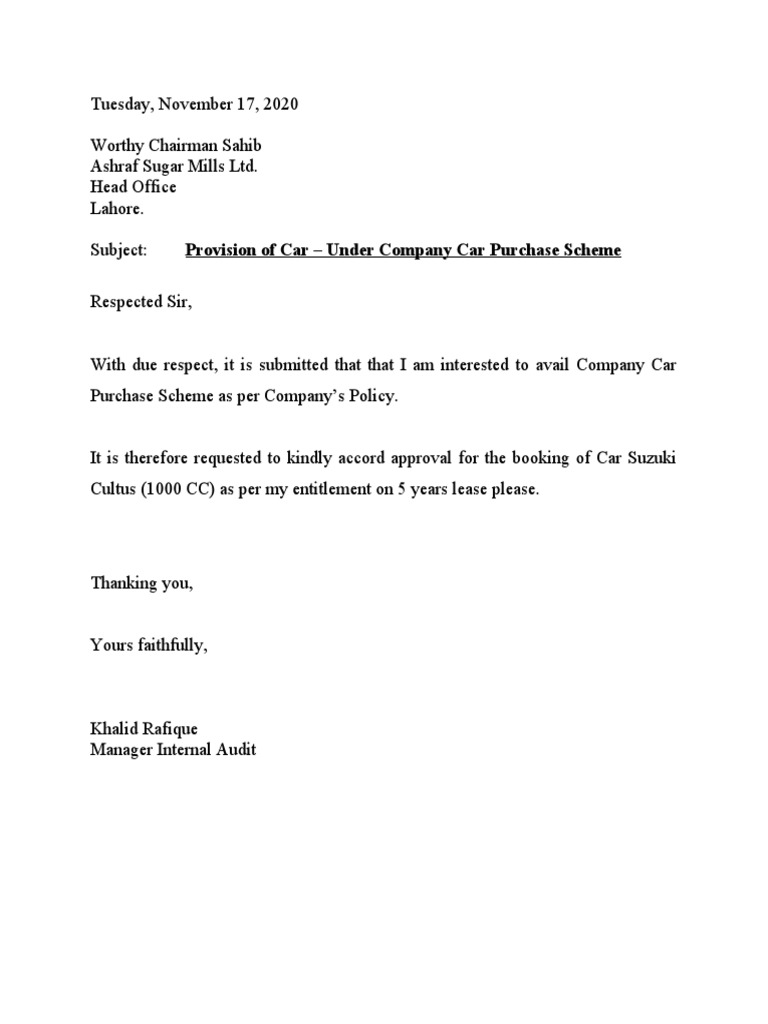Company Car Purchase Request Letter | PDF