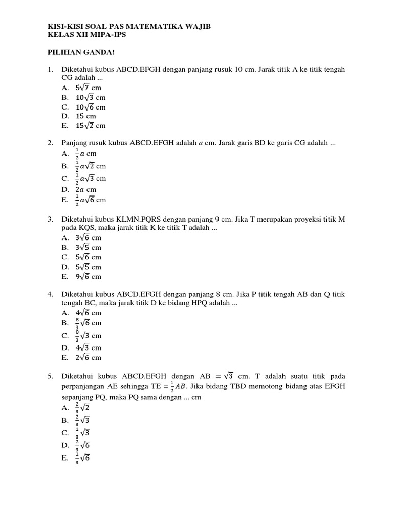 KISI-KISI SOAL PAS MATEMATIKA WAJIB Kelas XII MIPA-IPS | PDF