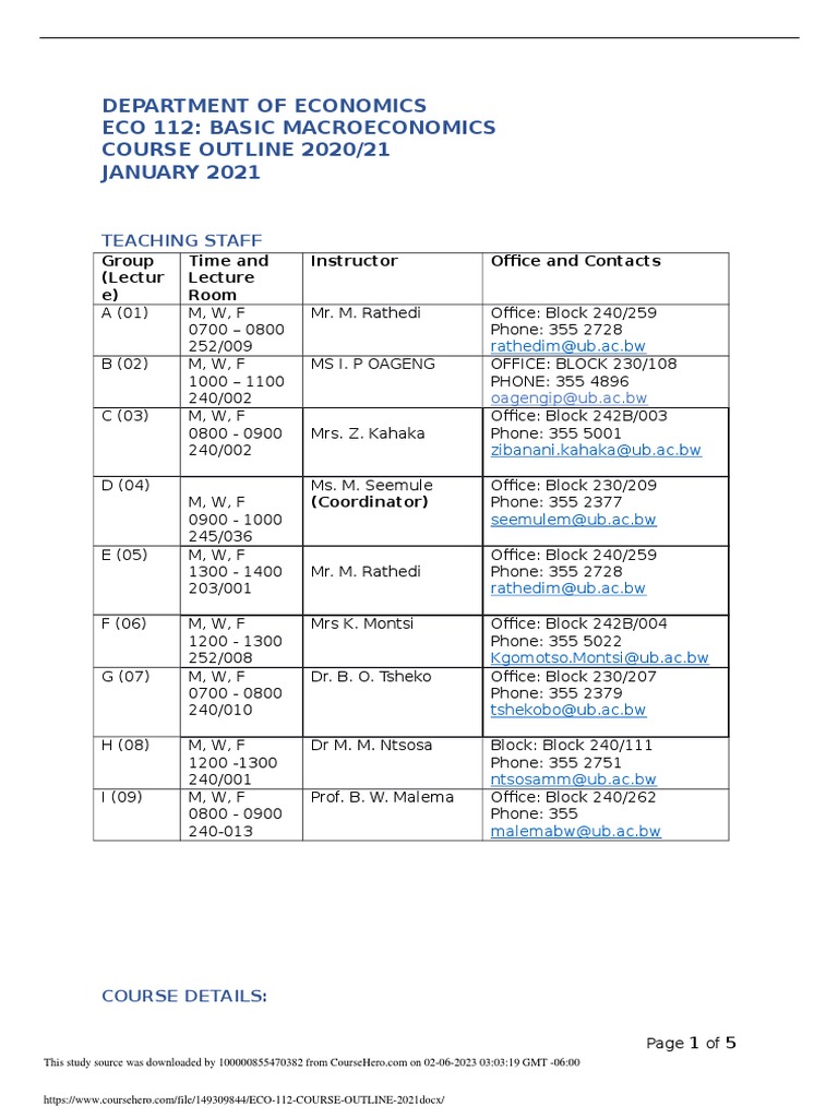 Eco 112 Course Outline 2021 | PDF | Macroeconomics | Money Supply