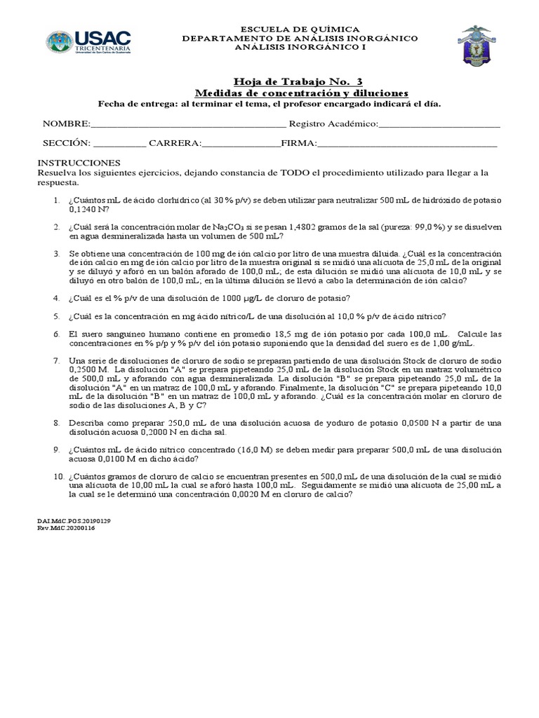 Hoja de Trabajo 3 MCD | PDF | Concentración | Cloruro