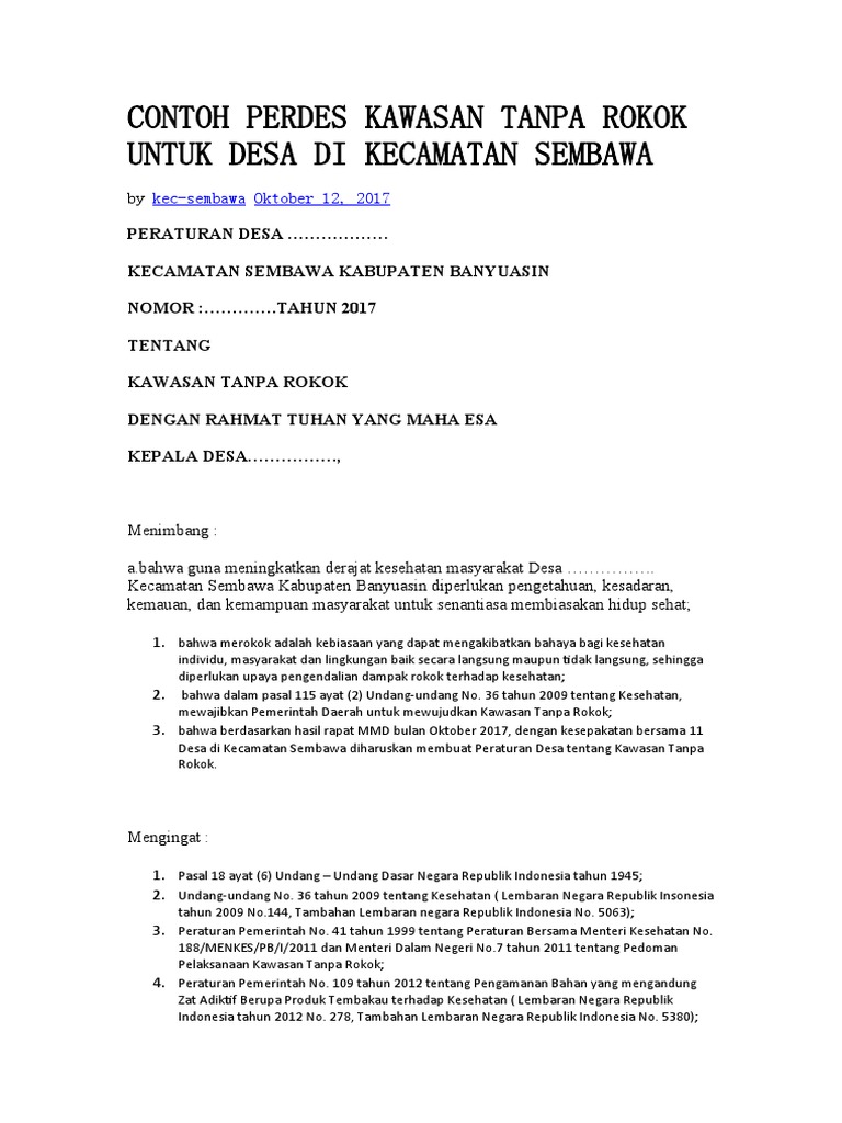 Contoh Perdes Kawasan Tanpa Rokok Untuk Desa Di Ke | PDF