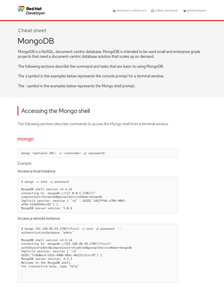 MongoDB Cheat Sheet Red Hat Developer | PDF | Database Index | South ...