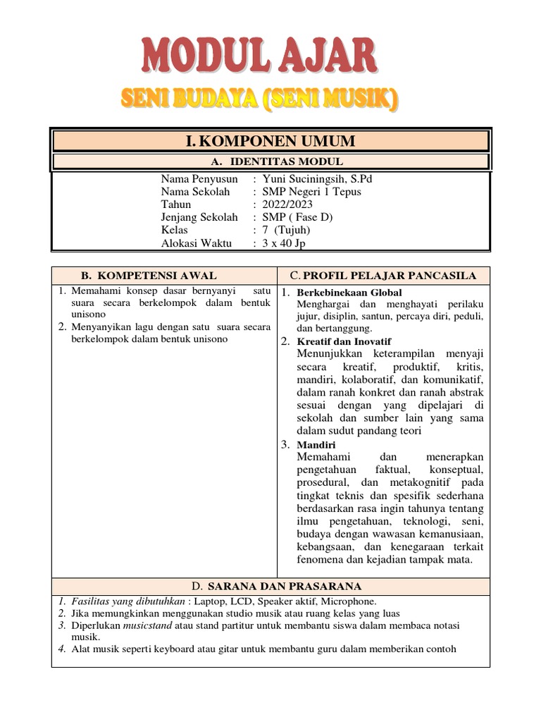 Modul Ajar SENI BUDAYA KELAS VII SEM 1 | PDF | Seni & Disiplin Bahasa