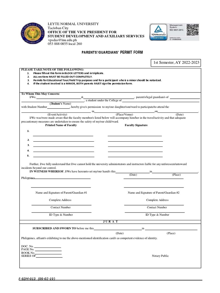 Parents or Guardians Permit Form | PDF | Social Institutions | Legal ...