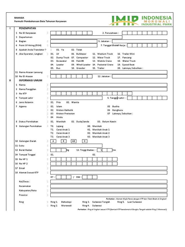 Form Data Karyawan - IMIP - Lank Exell | PDF