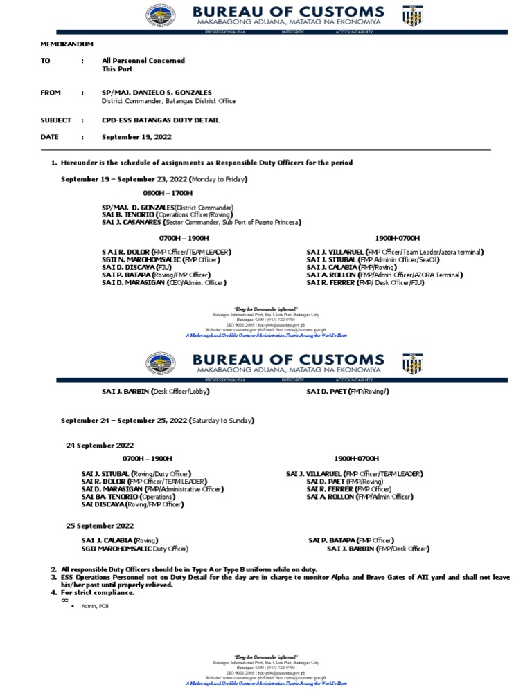 Batangas Duty Detail Schedule | PDF
