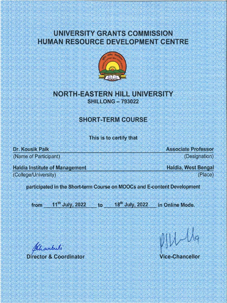 HRDC NEHU Certificate 7465 | PDF
