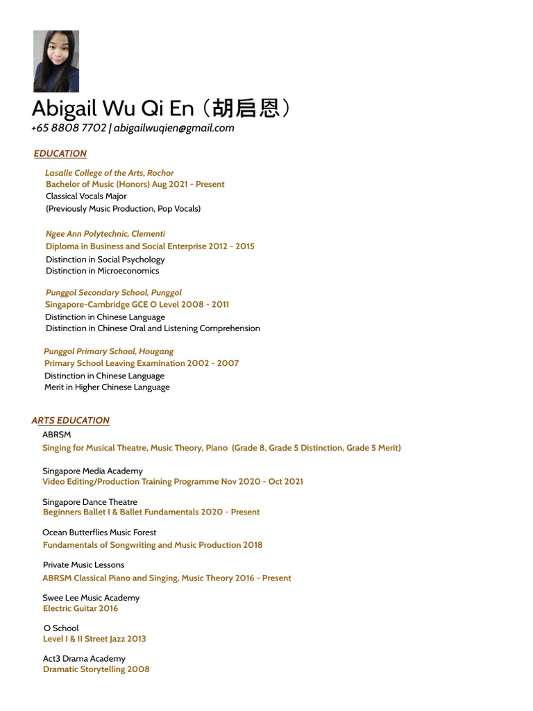 A Well-Rounded Musician Seeking New Opportunities: The Resume of Abigail Wu Qi En | PDF