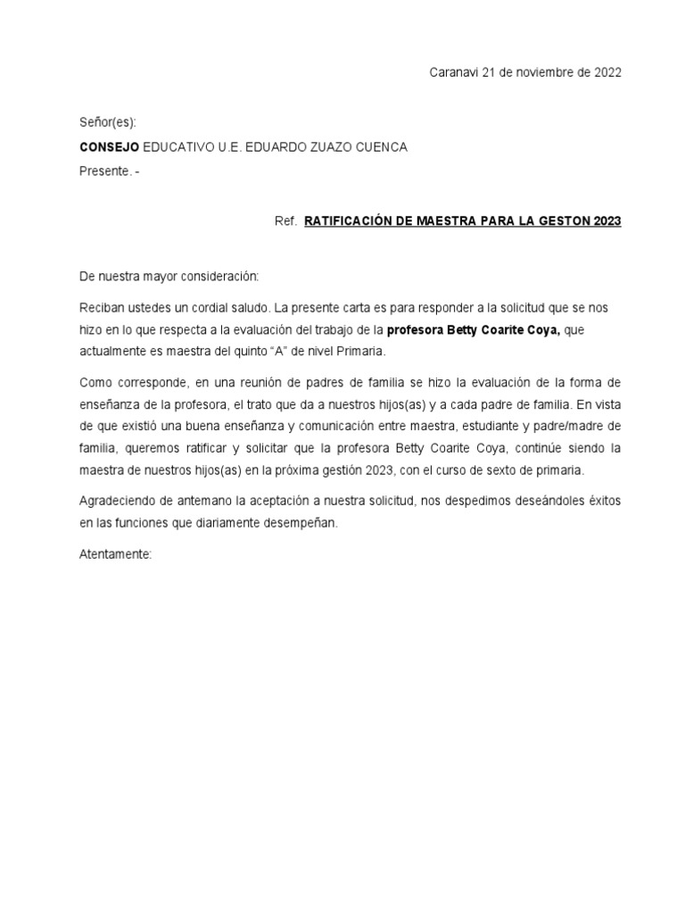 Carta de Ratificacion | PDF