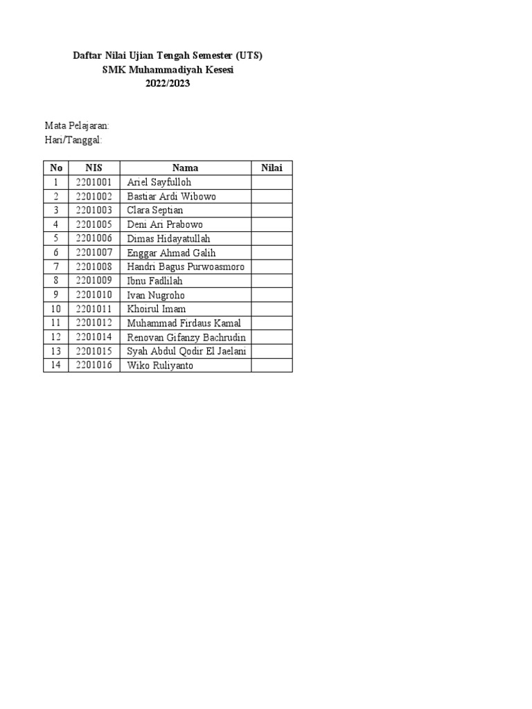 Nilai UTS Sasis - Kelas XI TKRO - Lutffi | PDF