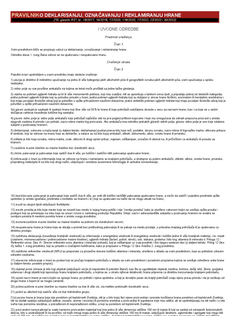 Pravilnik o Deklarisanju Hrane | PDF