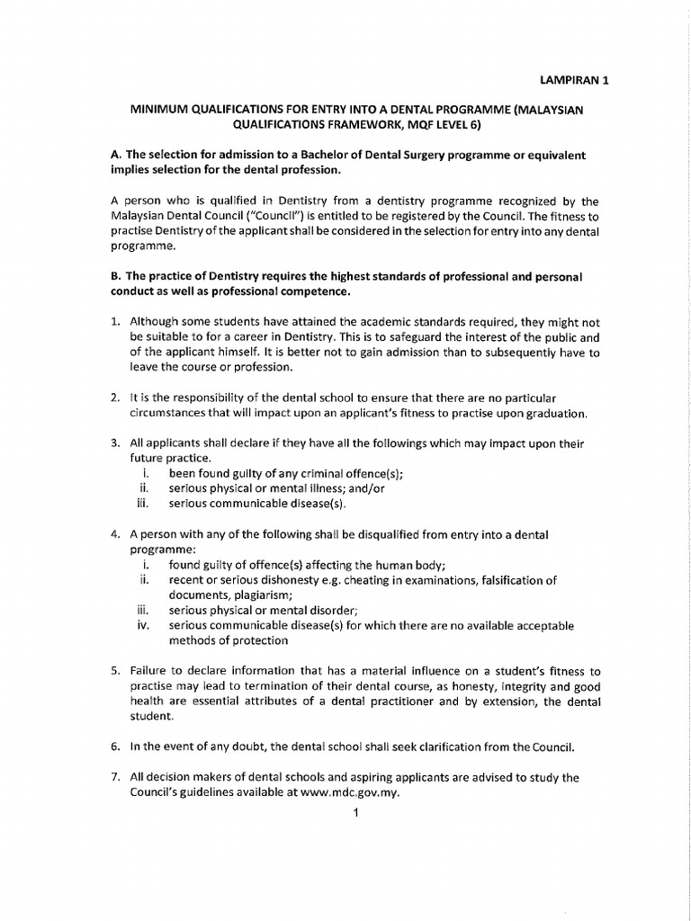 Lampiran 1 - Minimum Qualifications For Entry Into A Dental Programme ...