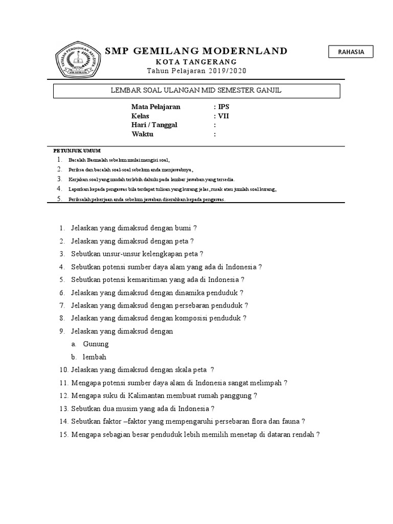 Soal Mid Ganjil SMP Ips (2018-2019) | PDF