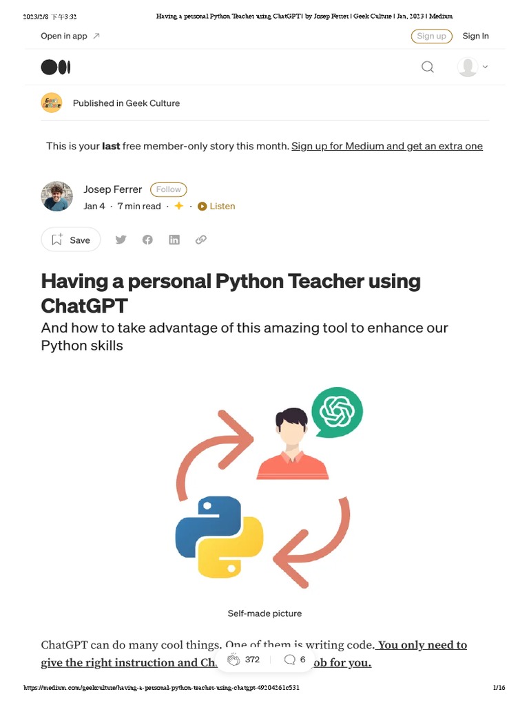 Having A Personal Python Teacher Using ChatGPT - by Josep Ferrer - Geek Culture - Jan, 2023 ...