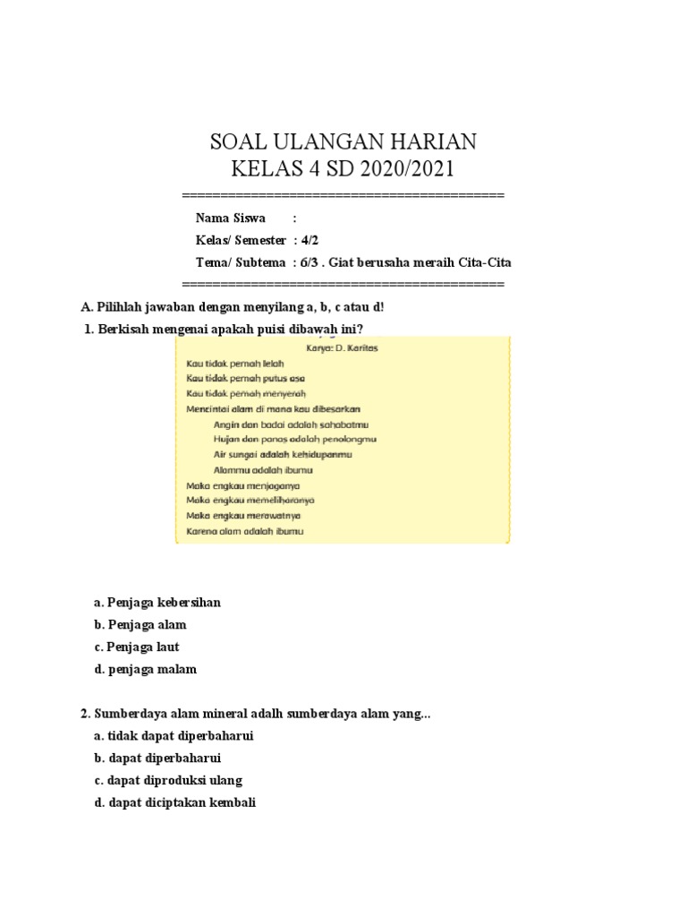 Soal Kelas 4 Tema 6 Subtema 3 Cita | PDF