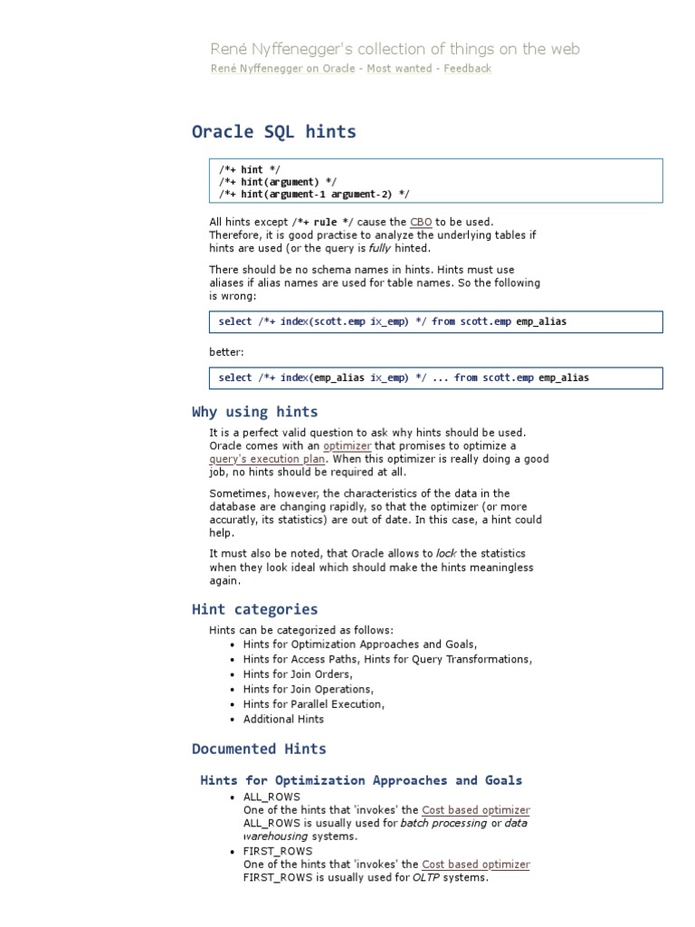 Oracle SQL Hints | PDF | Database Index | Information Science