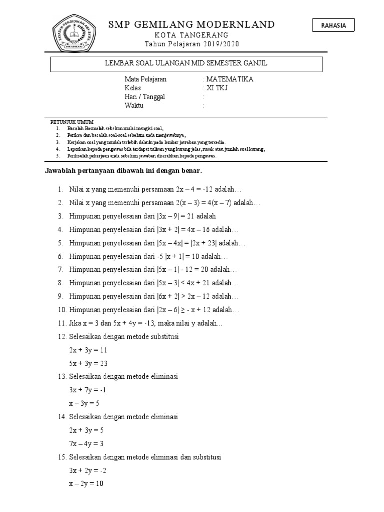 Soal Uts Ganjil Matematika SMK | PDF