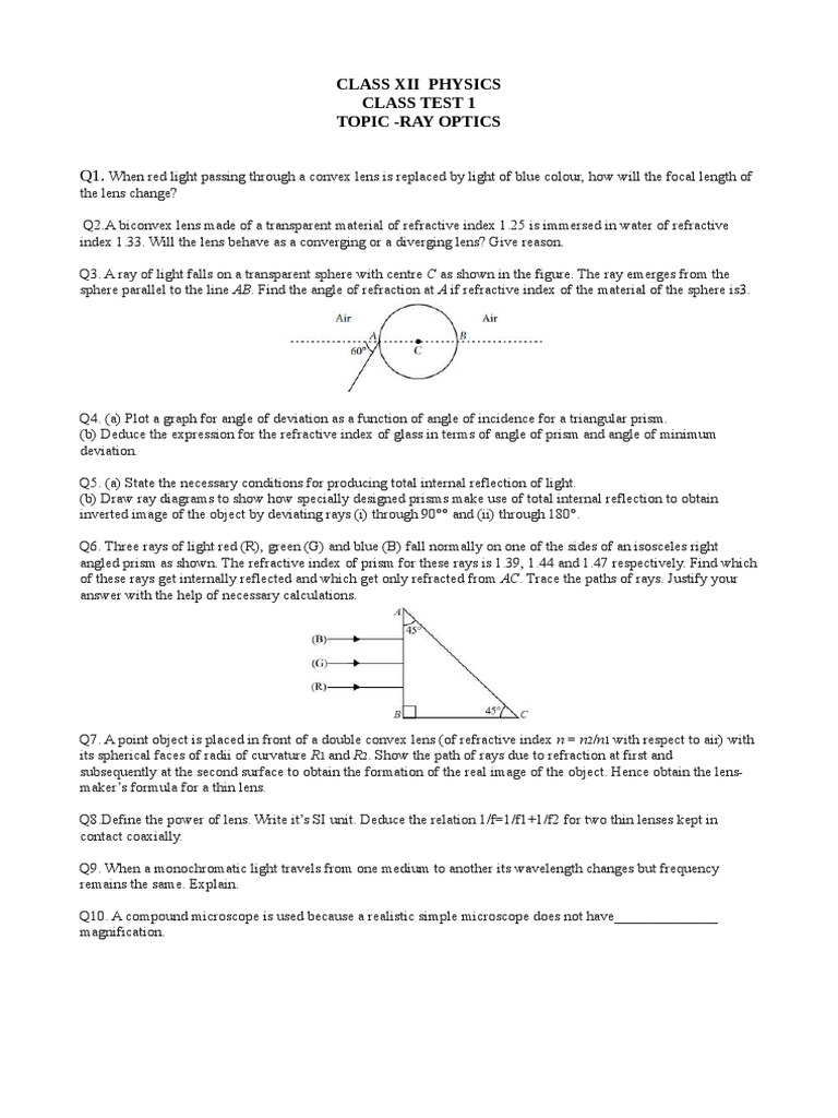 Class XII Physics: Ray Optics Test | PDF | Teaching Methods & Materials ...