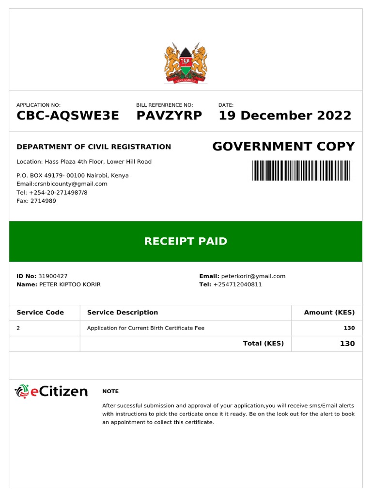 CBC Aqswe3e Civil Registration Receipt | PDF | Service Industries