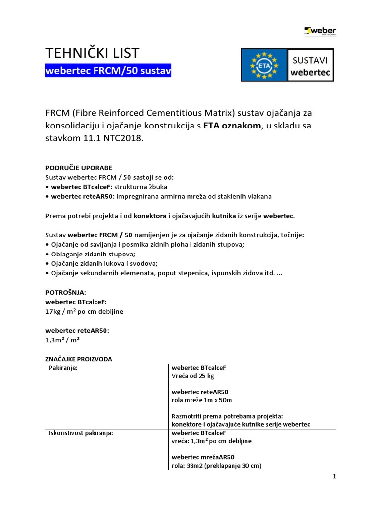 Tehnički List Webertec FRCM 50 Sustav & ETA Certifikat | PDF
