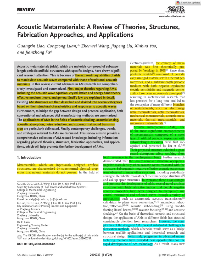 Acoustic Metamaterials A Review of Theories Structures Fabrication Approaches and Applications ...