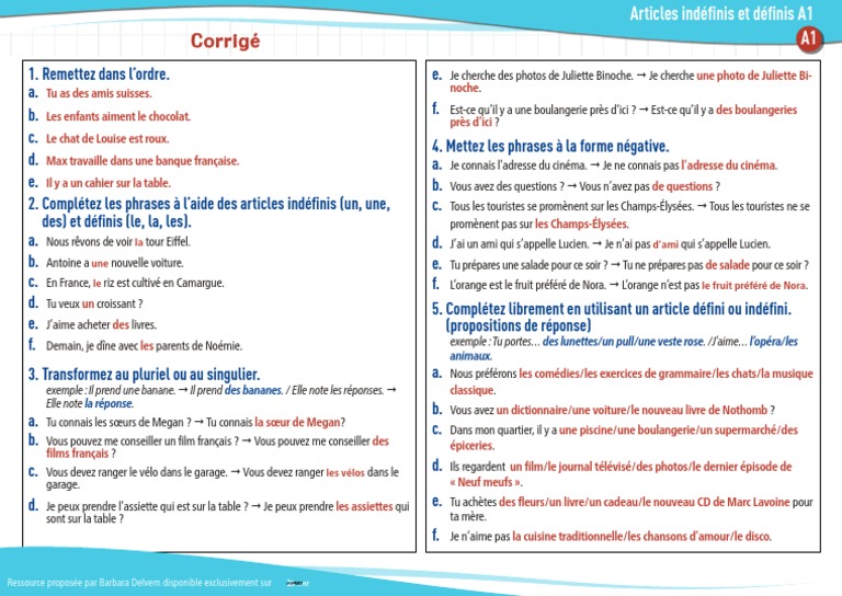 Articles définis et indéfinis A1 | PDF