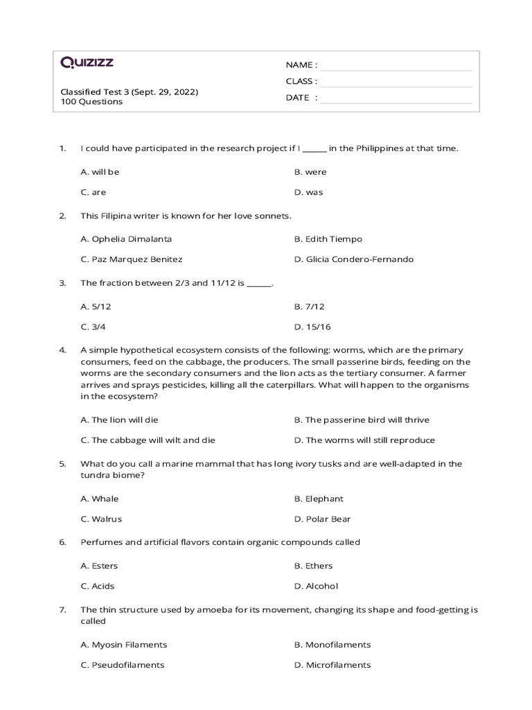 Quizizz Classified Test 3 (Sept. 29, 2022) | PDF