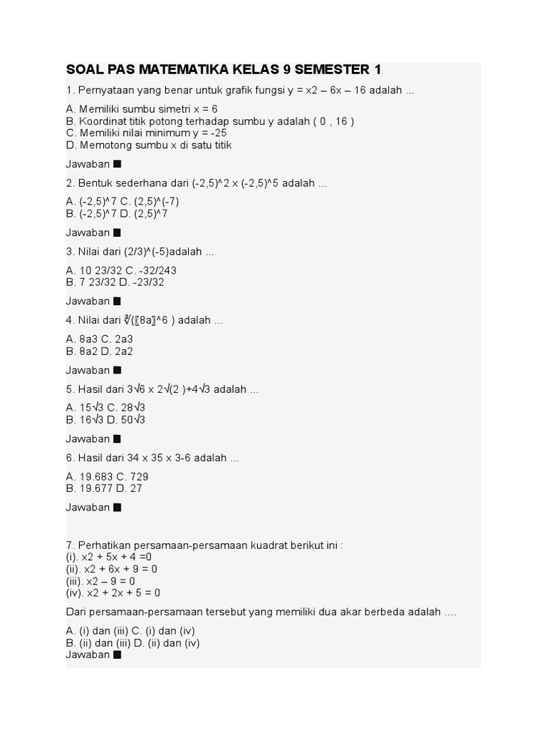 Soal Pas Matematika Kelas 9 Semester 1 | PDF | Metode & Bahan Ajar | Sains & Matematika