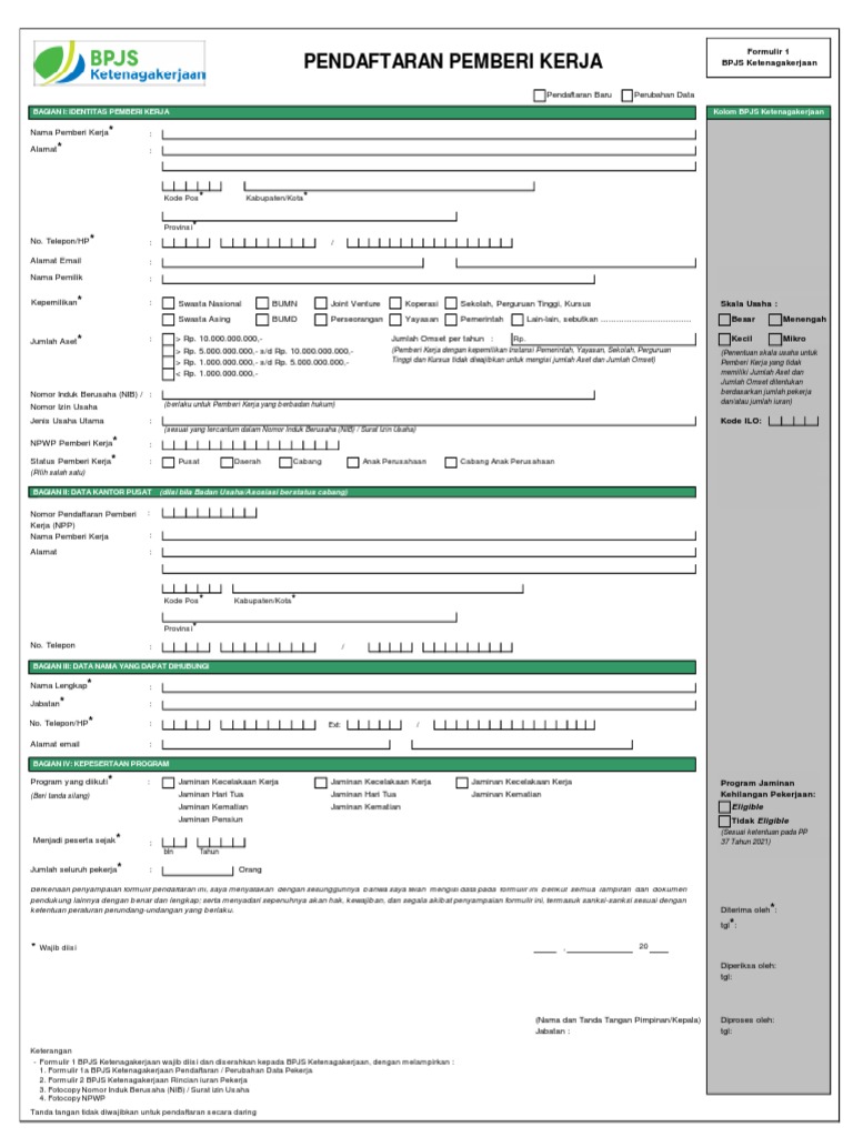 Pendaftaran Pemberi Kerja: Bagian I: Identitas Pemberi Kerja Kolom BPJS Ketenagakerjaan | PDF