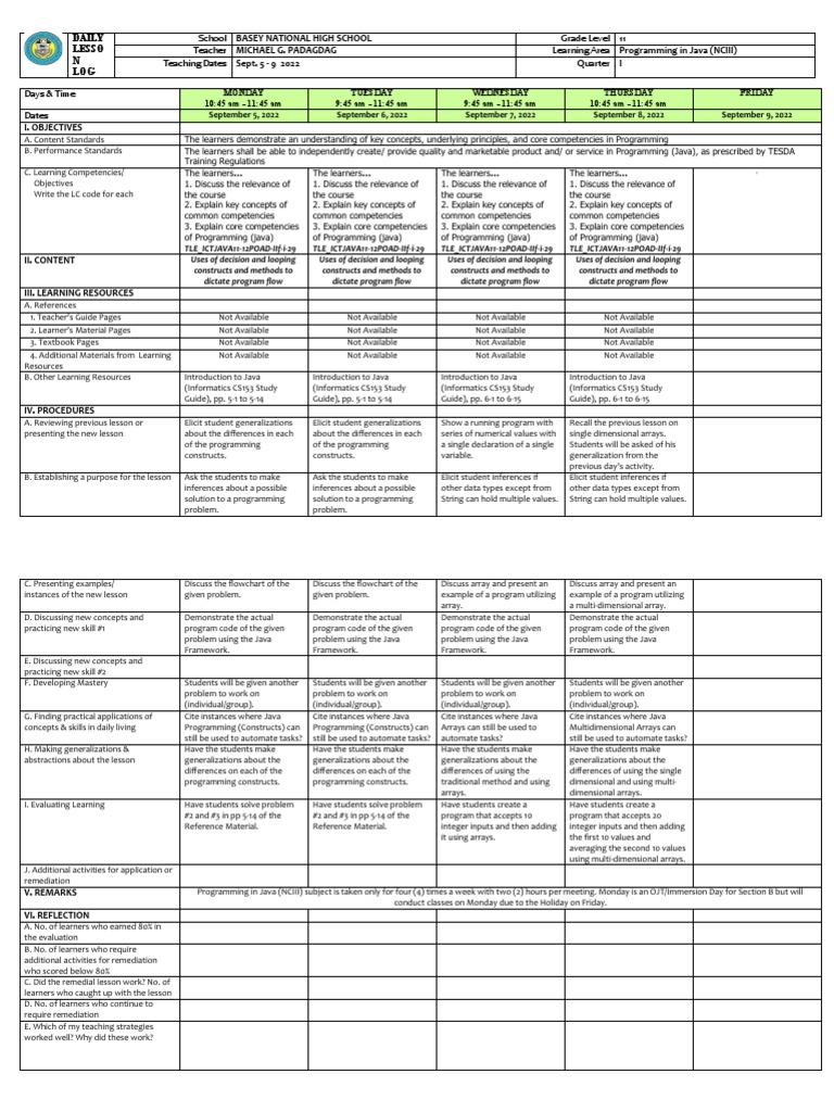 Lesson Log For ICT 101 Programming Java | PDF | Control Flow | Java ...