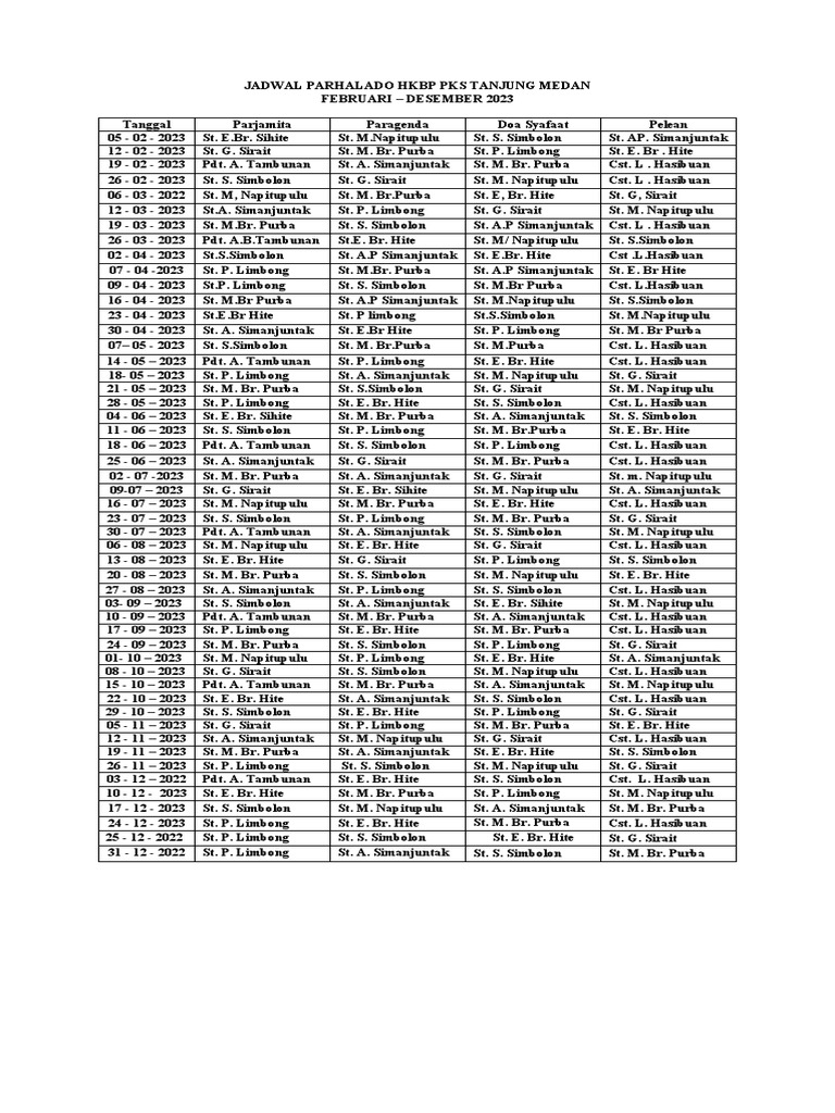 Jadwal 2023 Parhalado HKBP PKS Tanjung Medan | PDF