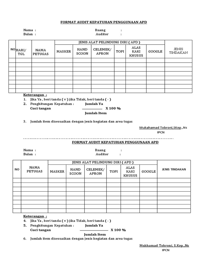 Format Audit Kepatuhan Penggunaan Apd Fix | PDF