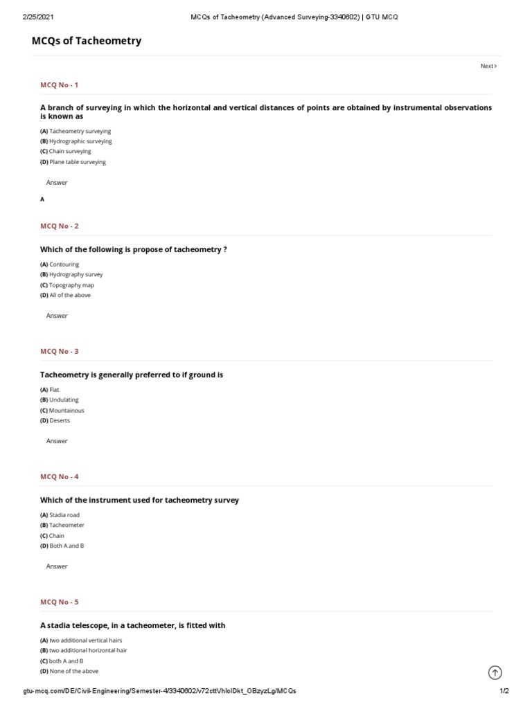 Tacheometry MCQs for Surveying Exam | PDF | Surveying | Science