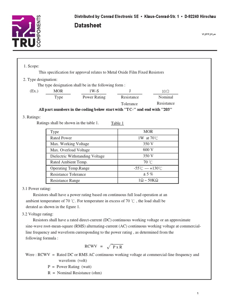 Datasheet 1583560 Tru Components TC Mor01sj0132a10203 Metal Film ...